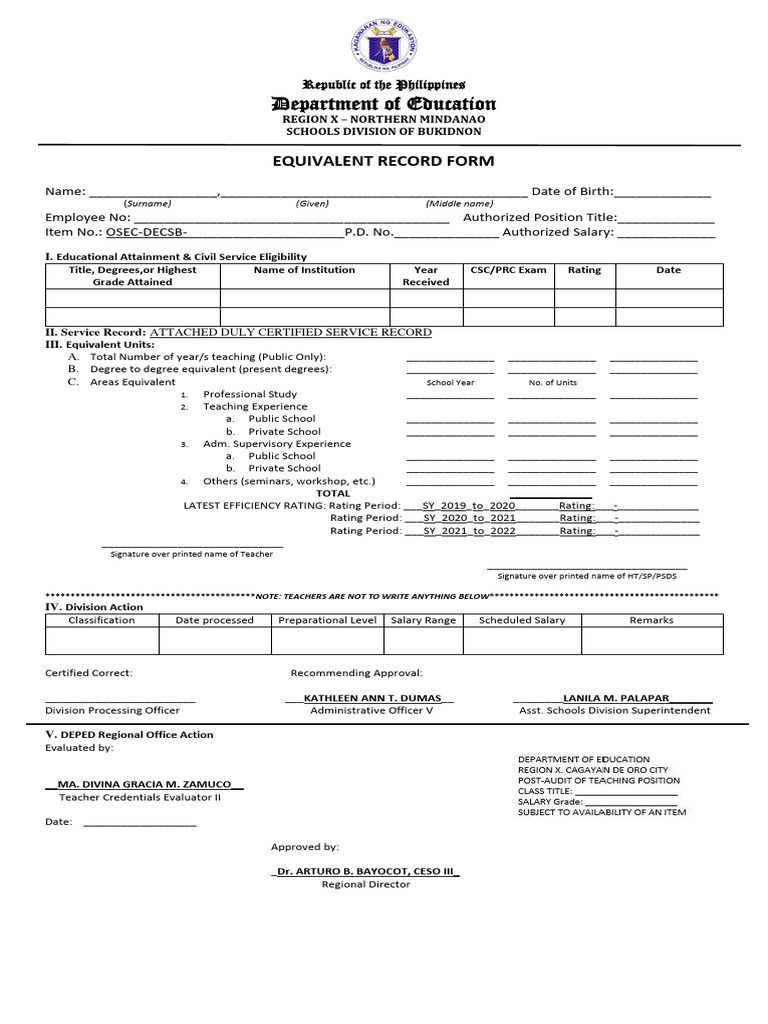 EQUIVALENT RECORD FORM ERF Revised 2023 | PDF | Affidavit