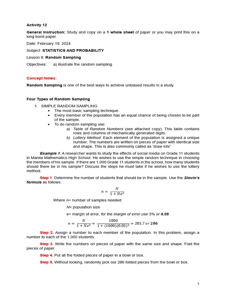 Lesson 8 Random Sampling Activity 12 | PDF | Sampling (Statistics) | Randomness