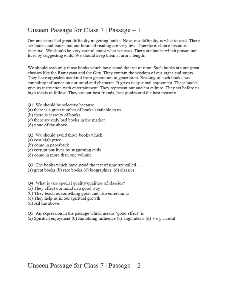 Unseen Passages for Class 7 with MCQs | PDF | Monsoon | Earth Sciences