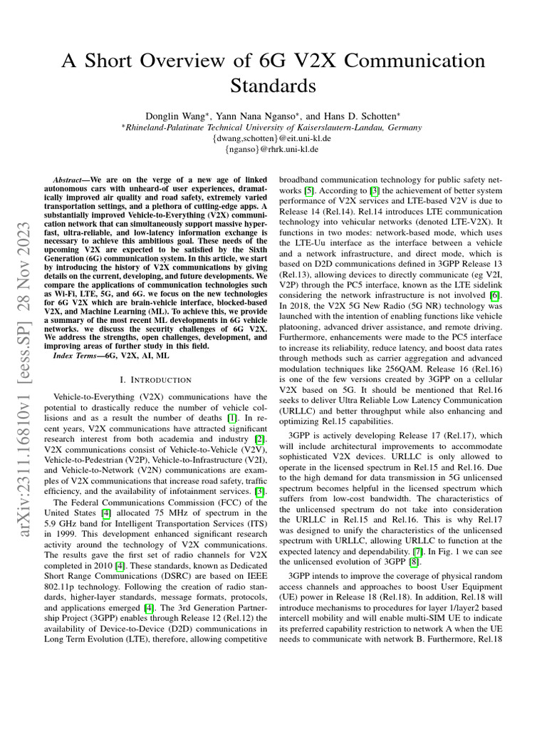 A Short Overview of 6G V2X Communication Standards: Donglin Wang, Yann ...