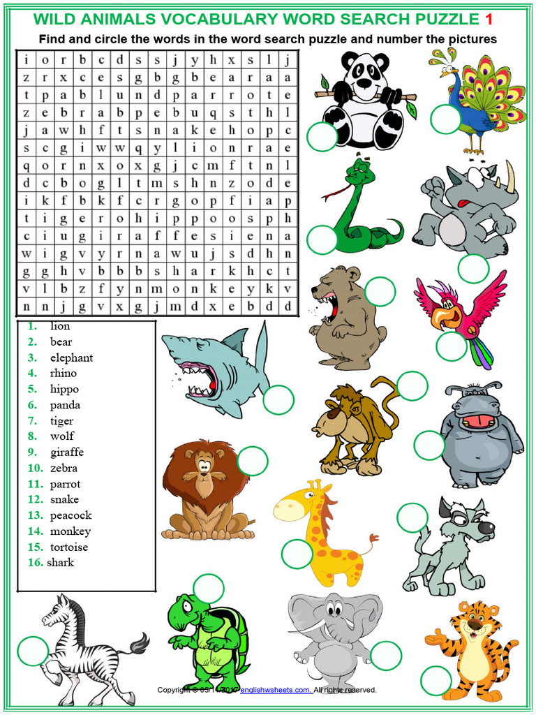 Wild Animals Vocabulary Esl Word Search Puzzle Worksheets For Kids ...