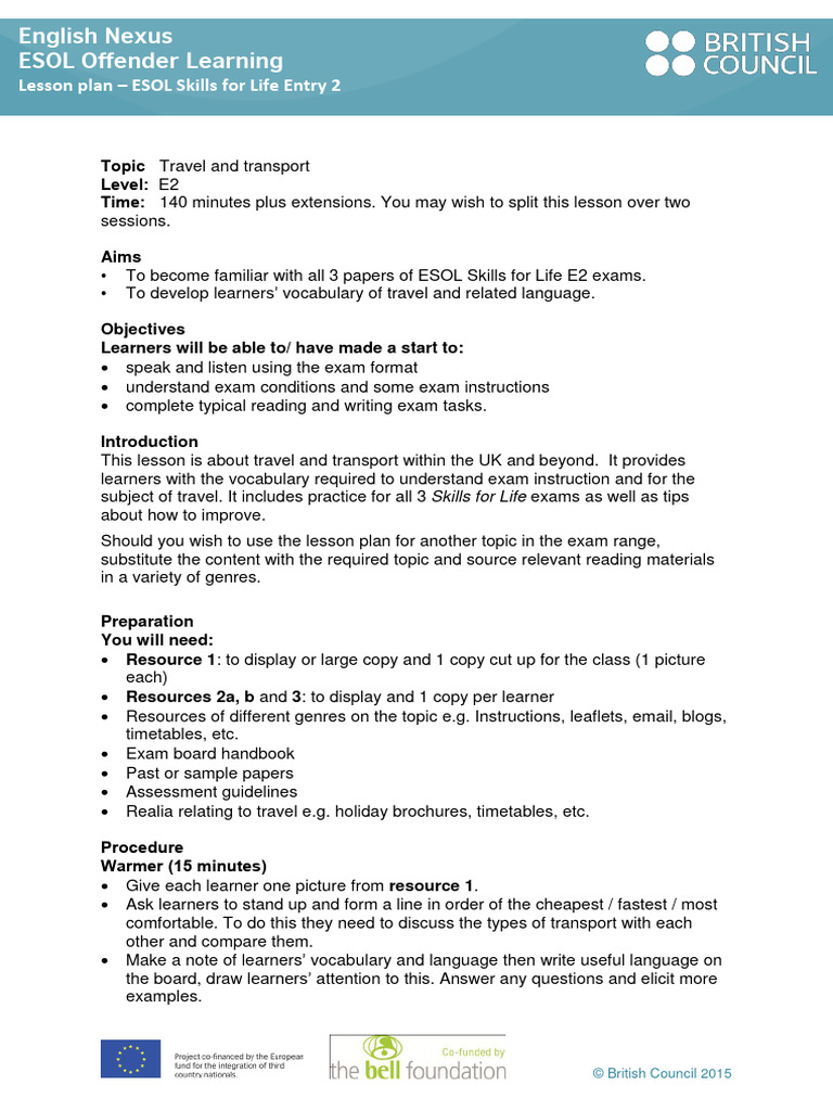 ESOL Entry 2: Travel & Transport Lesson Plan | PDF | English As A ...