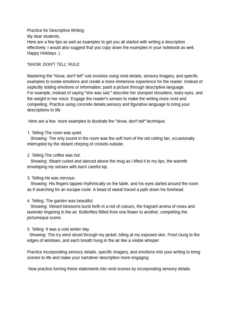 Show Don't Tell Worksheet | PDF | Taste