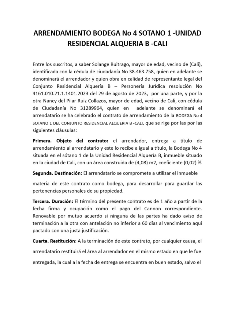 Contrato Arrendamiento Bodega | PDF | Derecho y economía | Derecho ...