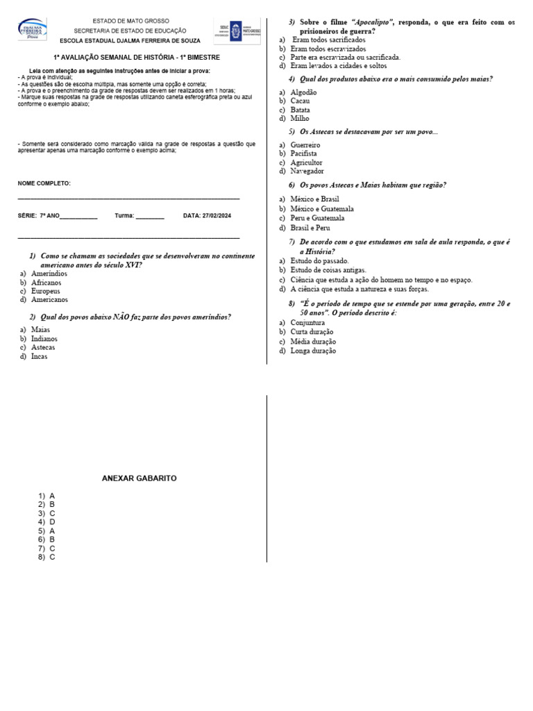 Avaliação Semanal 7c | PDF | Civilização Maia | Brasil