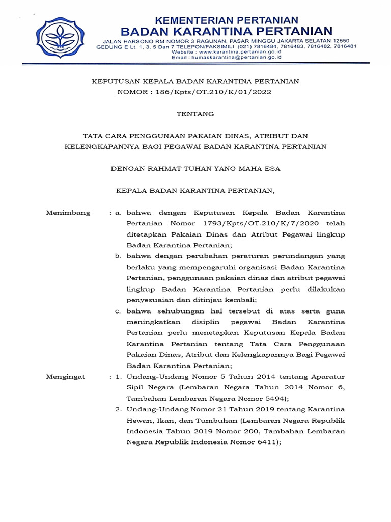 SK Pakaian Dinas Barantan Tahun 2022 | PDF