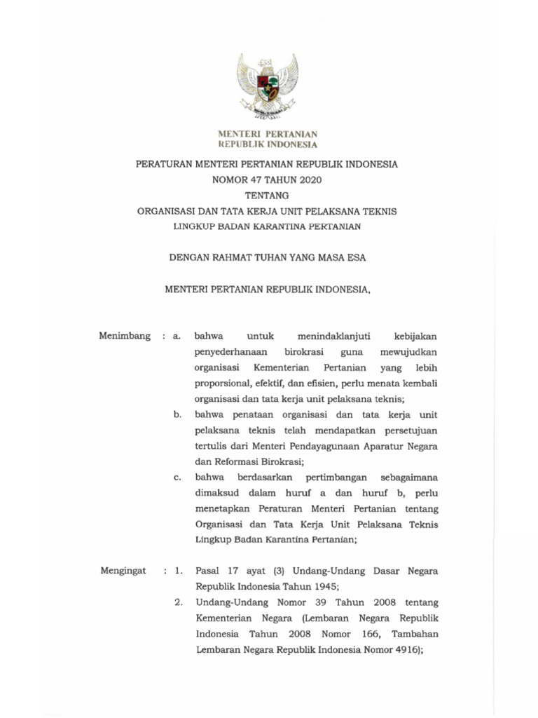 Permentan 47 Tahun 2020 Tentang OTK UPT Barantan | PDF