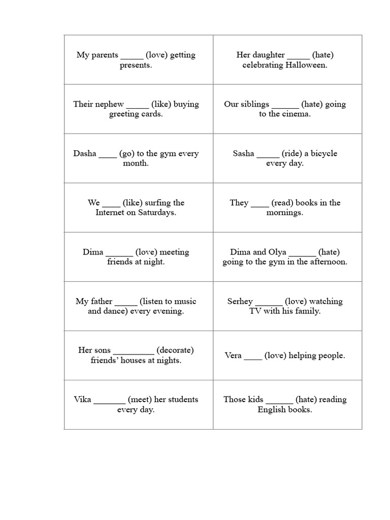 Cards Present Simple - Like Love Hate Class 8 2 | PDF