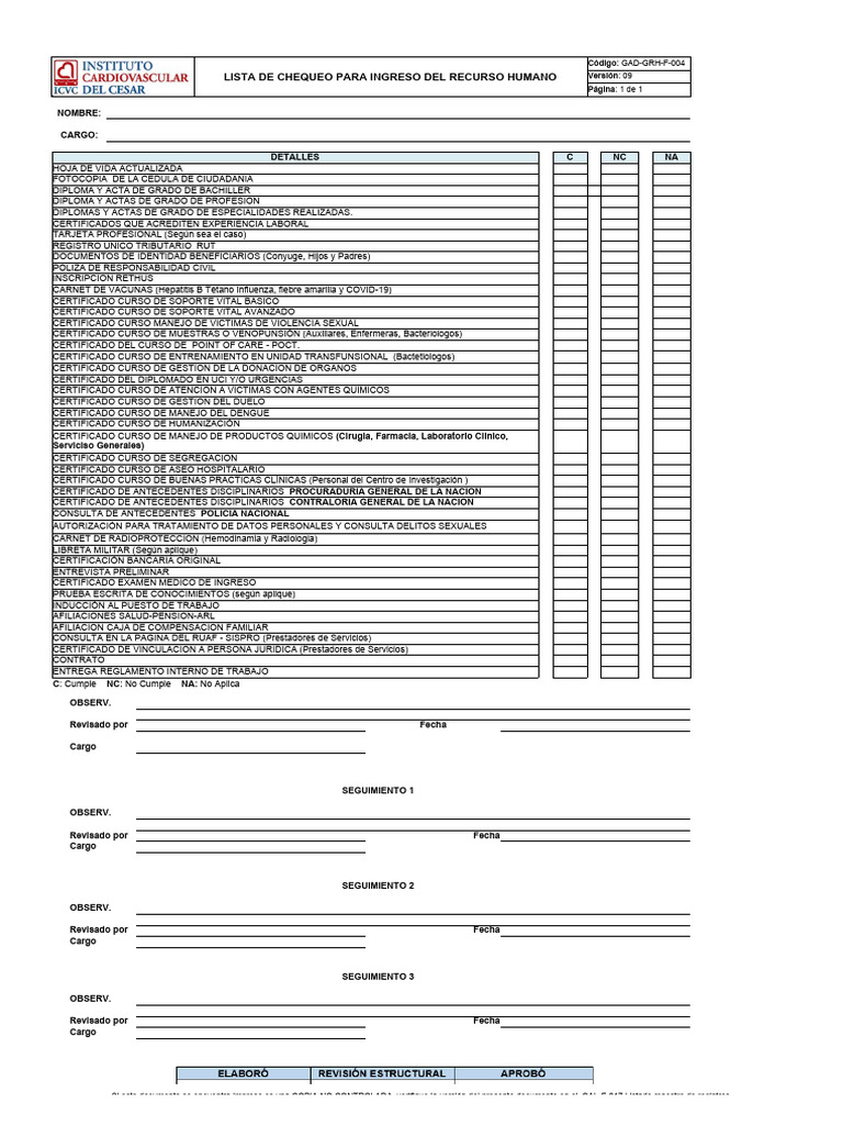 Lista de Chequeo para Ingreso de Personal | PDF | Documento de ...