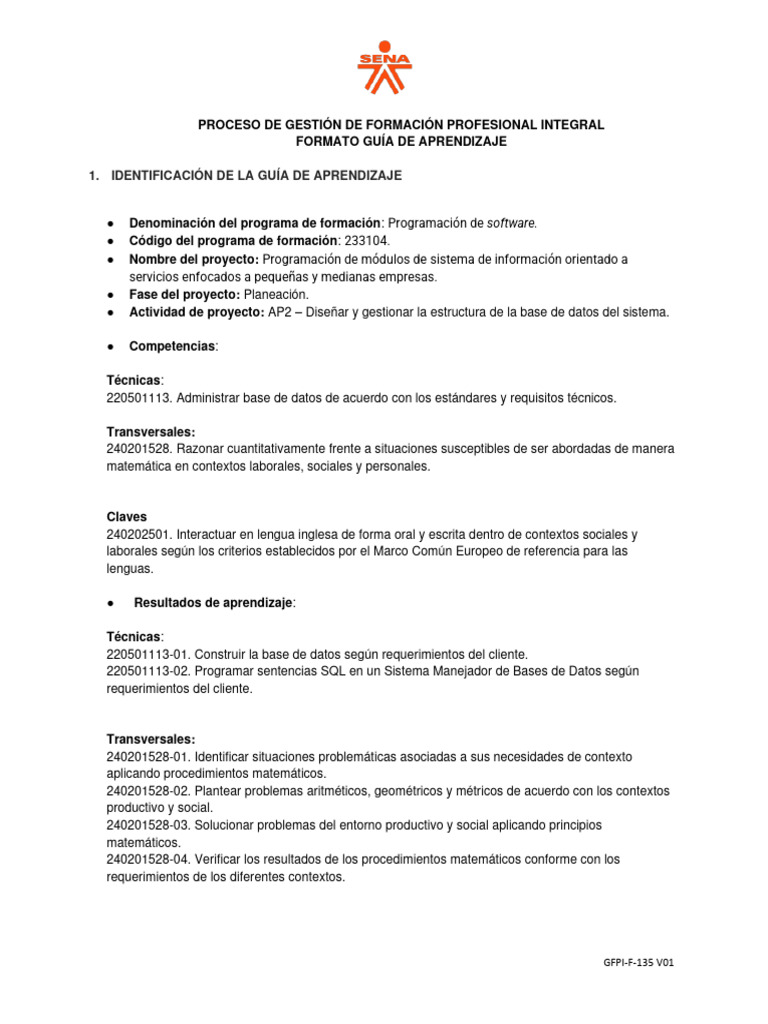 Guia Aprendizaje 2 | PDF | Bases de datos | Servidor SQL de Microsoft Guia Aprendizaje 2 | PDF | Bases de datos | Servidor SQL de Microsoft