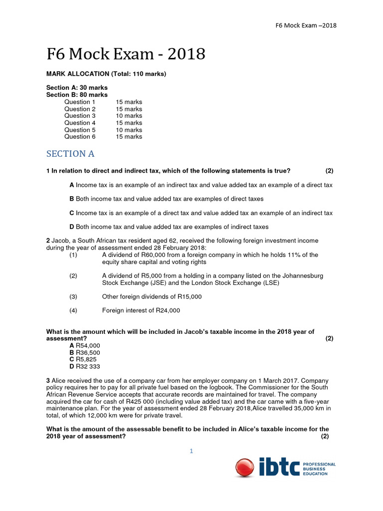 F6 Mock Exam - 2018 | PDF | Taxes | Value Added Tax