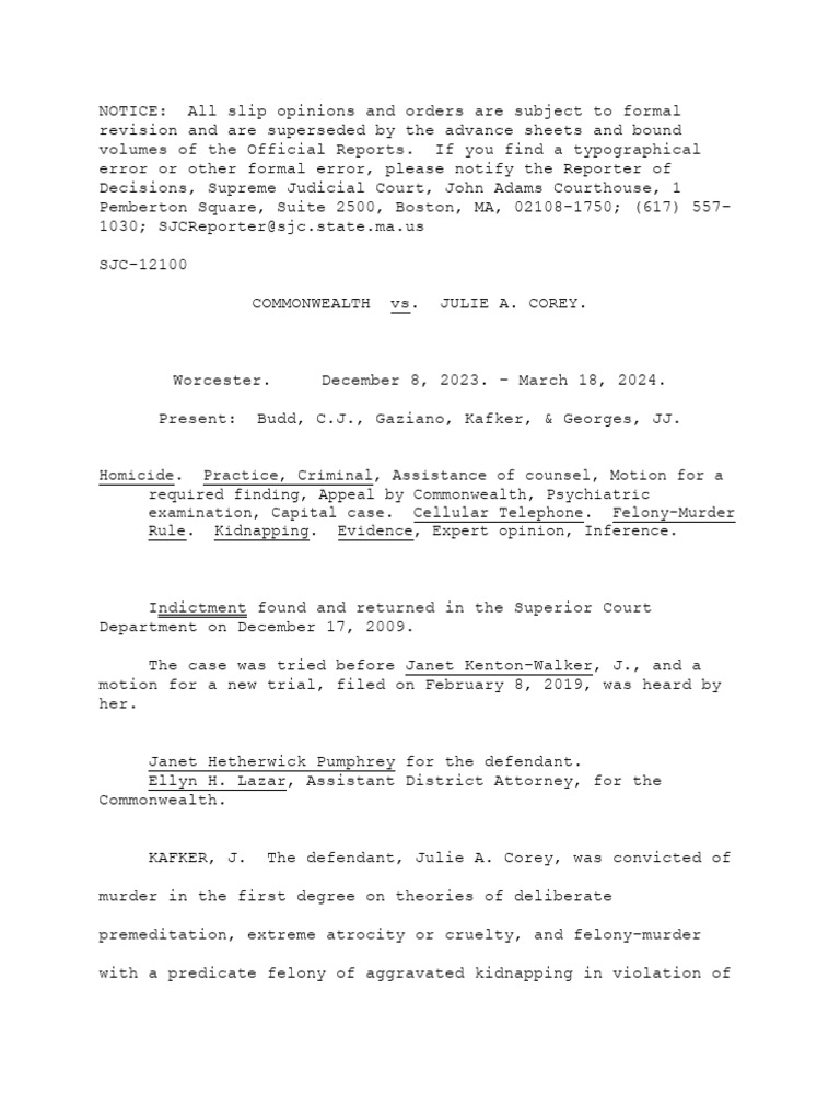 Julie Corey SJC Decision | PDF | Burden Of Proof (Law) | Murder