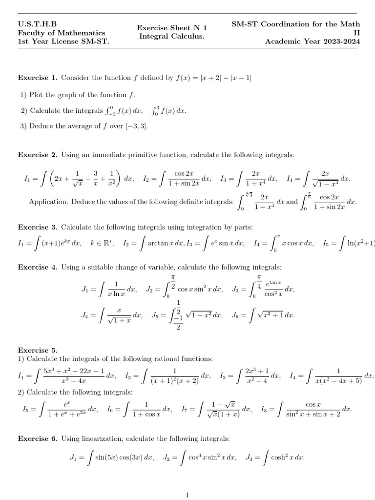 Exercises Sheet N° 1 (Integral Calculus) | PDF | Integral | Function (Mathematics)