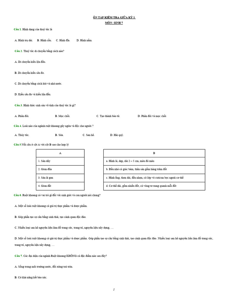 Ôn Tap KT GK1 - Sinh 7 21 - 22 - K12 | PDF