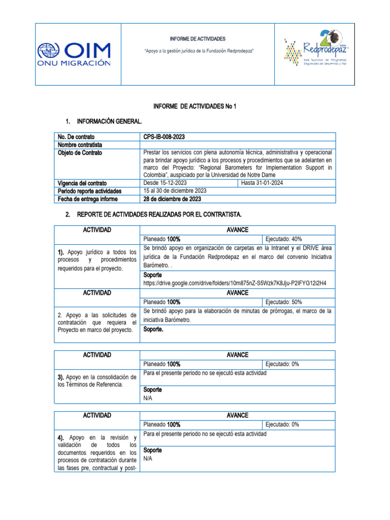 5. Formato Informe de Actividades OIM | PDF | Póliza de seguros