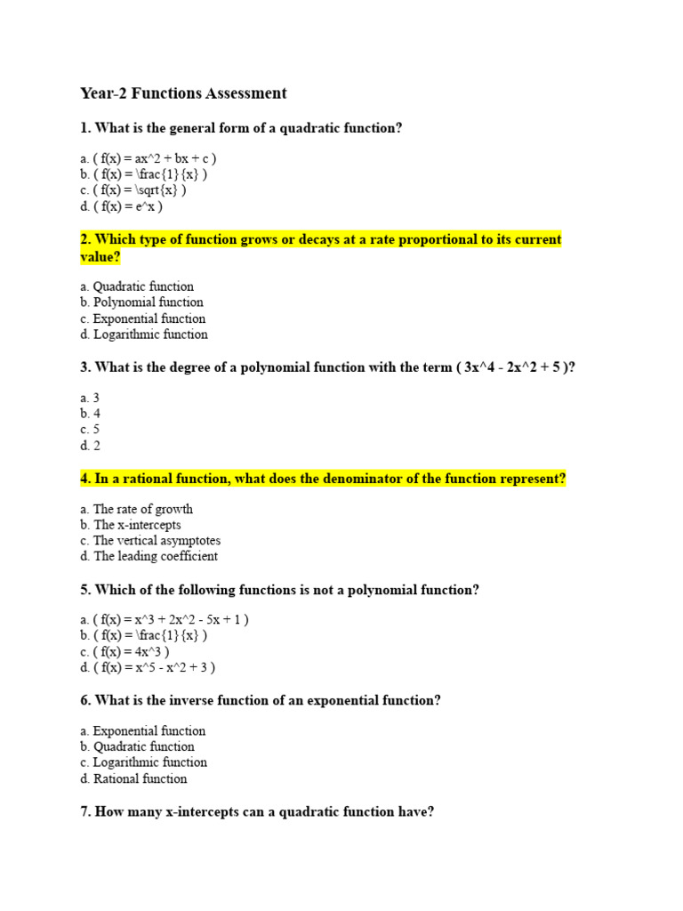 Year 2 Math Functions_ 20 Questions | PDF | Function (Mathematics ...