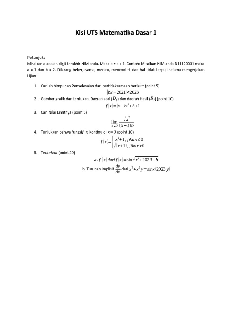 Kisi2 UTS Matematika Dasar 1 | PDF