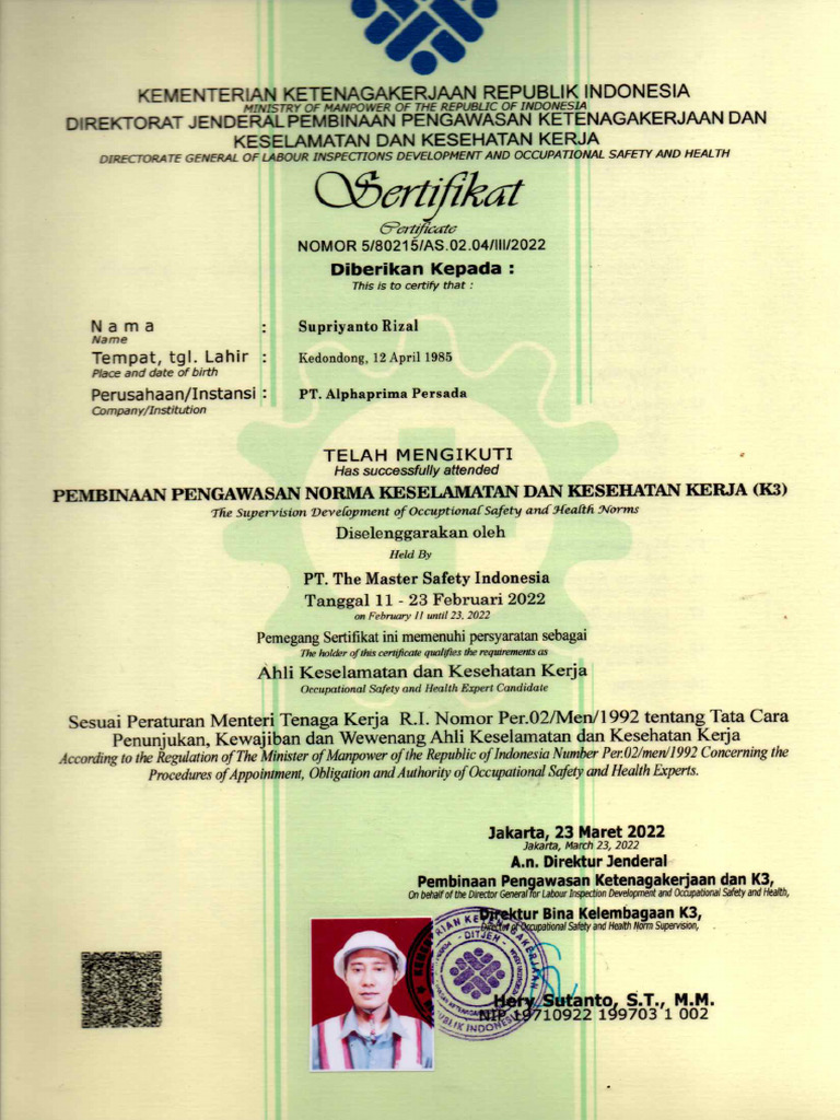 Certificate K3 PT Alpha Prima (Supriyanto) | PDF
