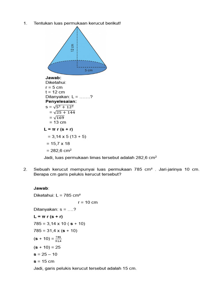 Contoh Soal Luas Permukaan Kerucut | PDF