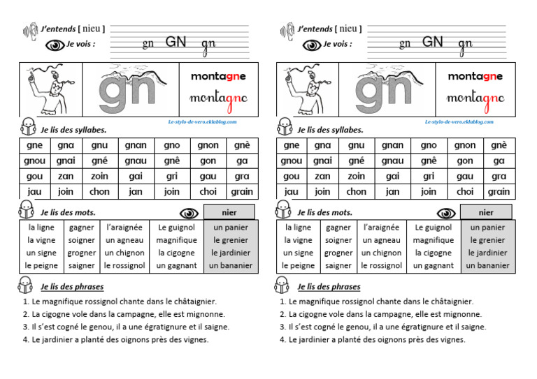 Exercices sur le son "gn" pour CP/CE1 | PDF