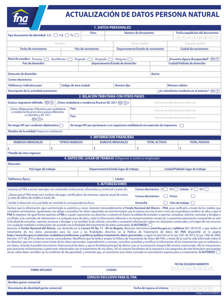 Formato de Actualizacion de Datos | PDF | Documento de identidad