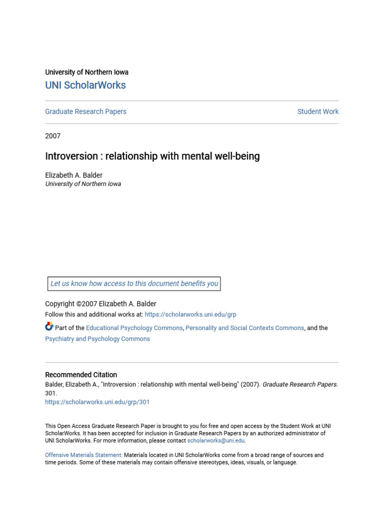 Introversion - Relationship With Mental Well Being | PDF | Extraversion And Introversion | Major ...