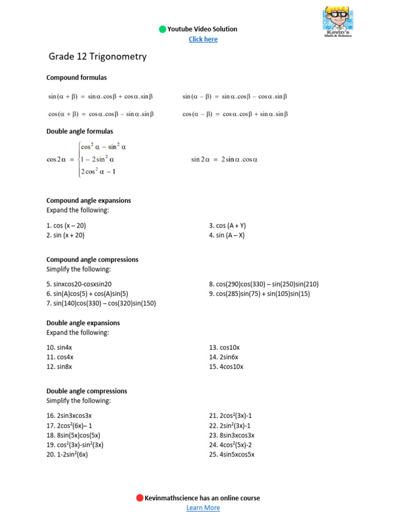 Grade 12 Trigonometry Formulas Guide | PDF | Euclidean Plane Geometry | Special Functions