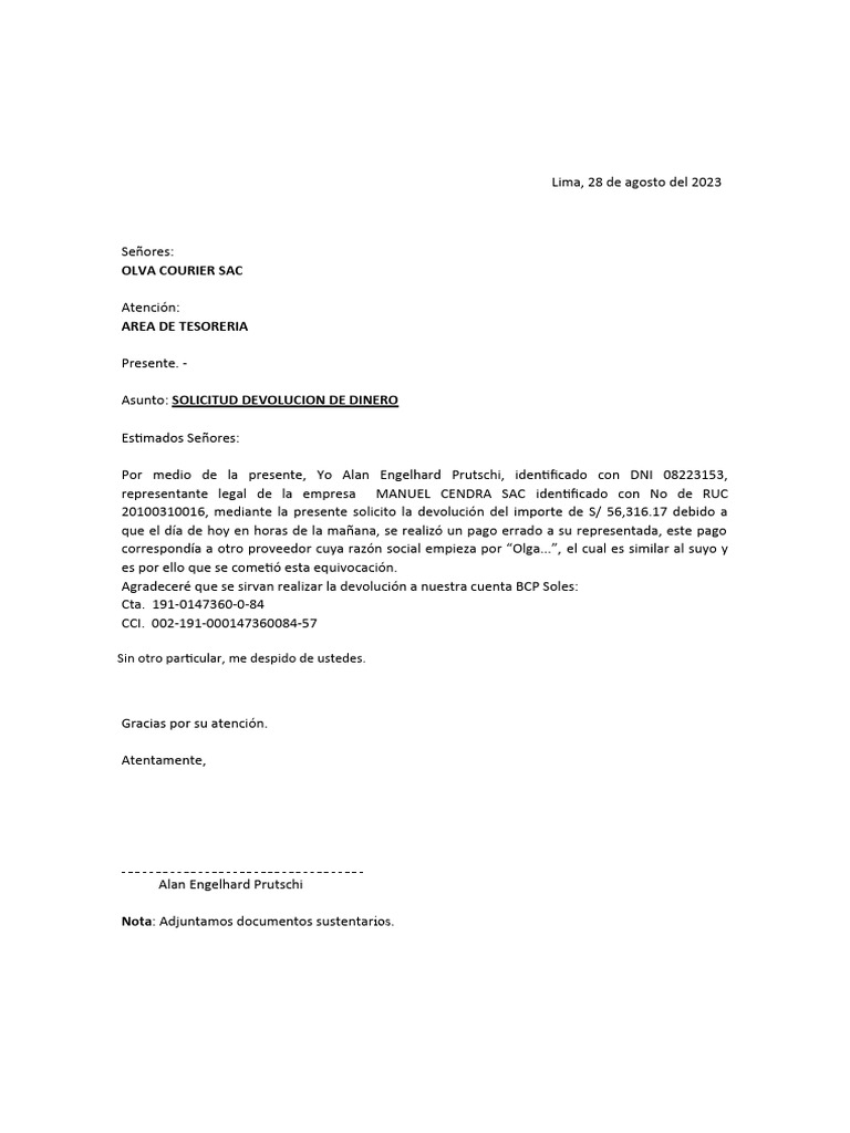 CARTA Devolución Olva Courier | PDF