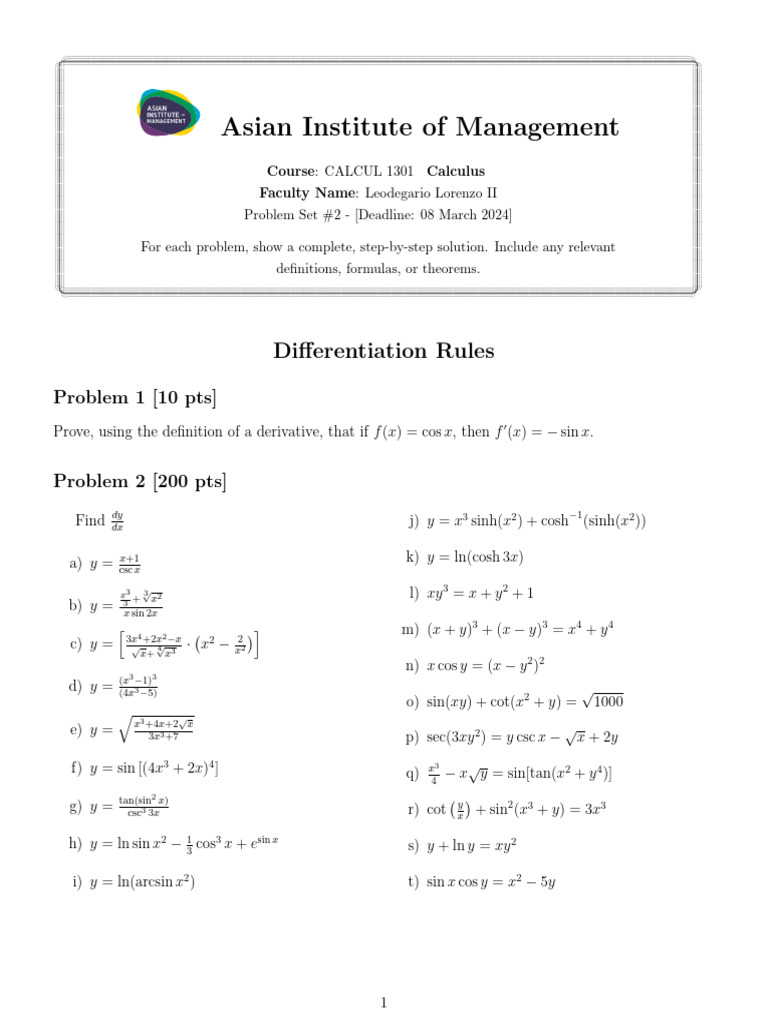 BSDS 2027 Calculus Problem Set 2 | PDF | Hemodynamics | Acceleration