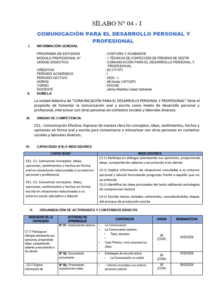Mod I - Sílabo 4. Comunicacion para El Desarrollo Personal y ...