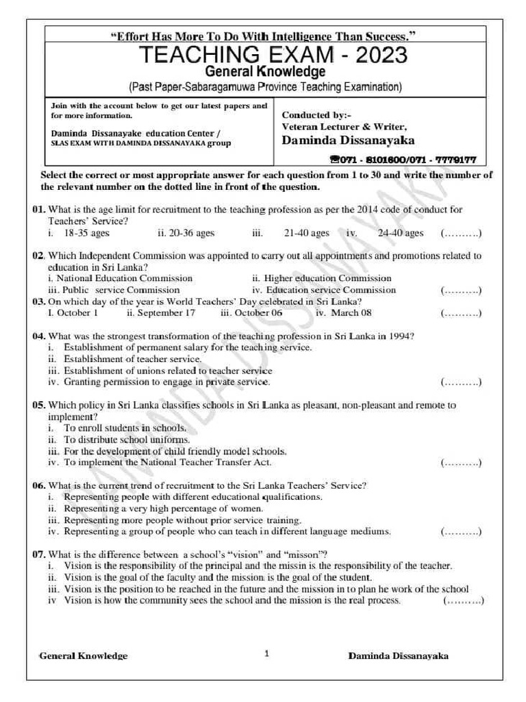 Teaching Examination Grade III 2023 Past Papers 64e43bea89143 | PDF