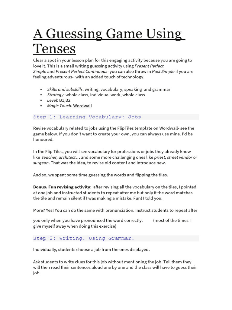 Tenses Guessing Game with Jobs | PDF | Linguistics | Human Communication