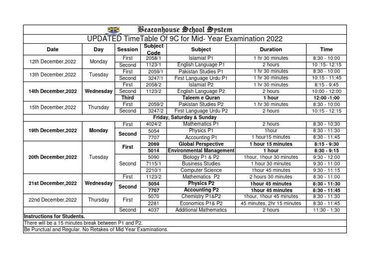 Updated Timetable 9C My 2022 | PDF
