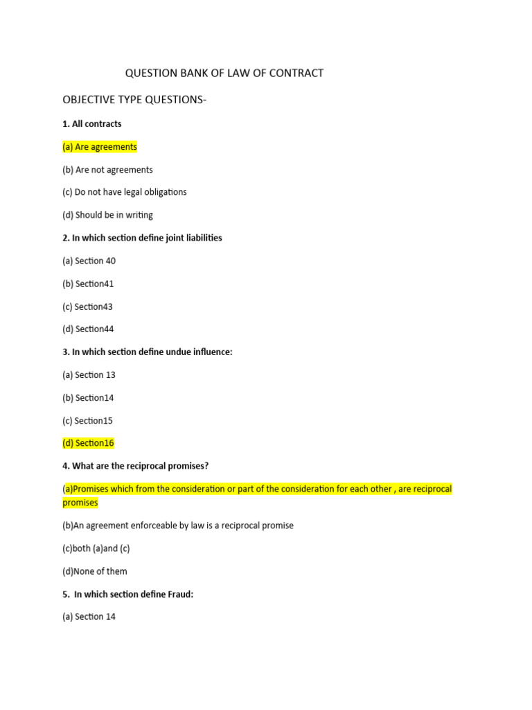 Law of Contract Question Bank | PDF | Business Law | Private Law
