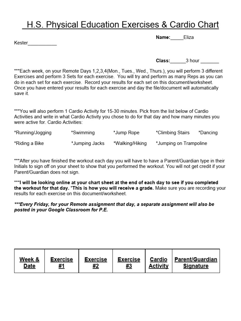 Copy of P.E. Exercise & Cardio Chart (Remote Students) | PDF | Aerobic ...