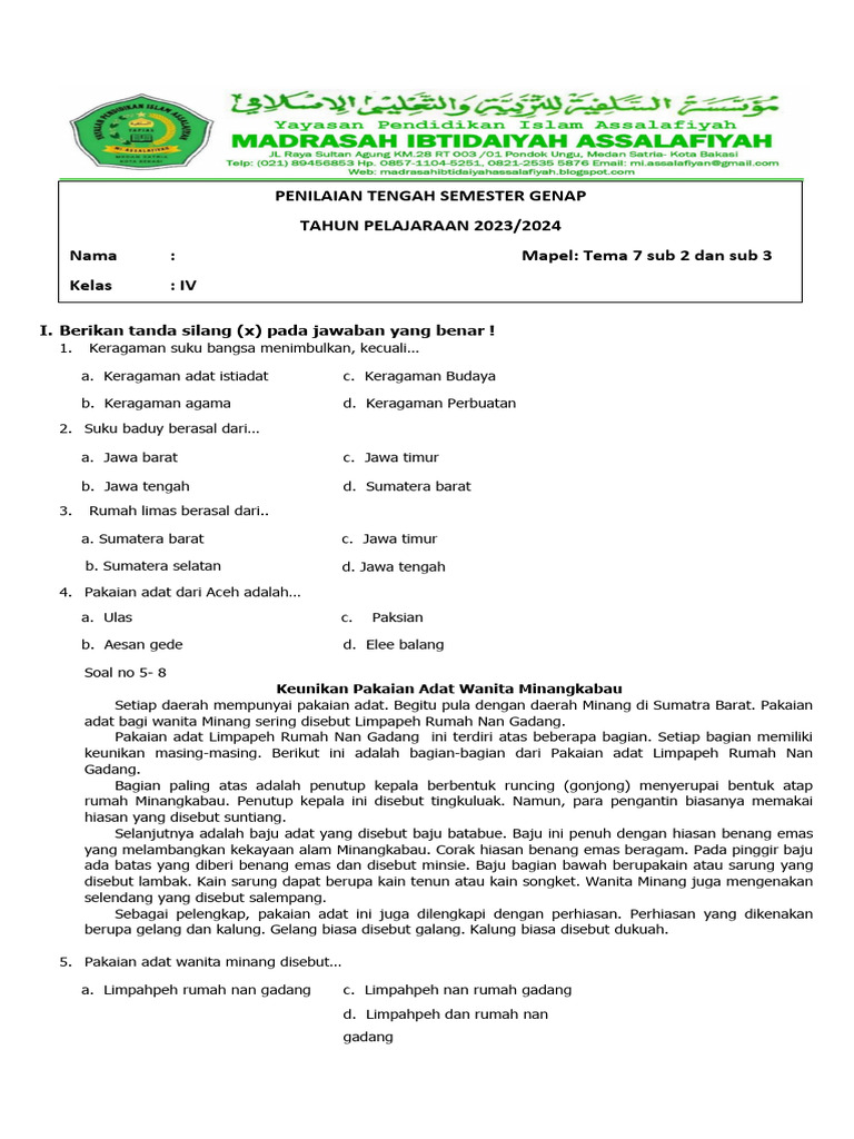 Soal Pts Kelas 4 Sem 2 Tema 7 Subtema 2 Dan 3 Kamimadrasah Pdf