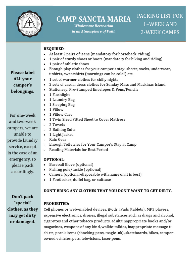 2021 Packing List For One and Two Week Camps | PDF