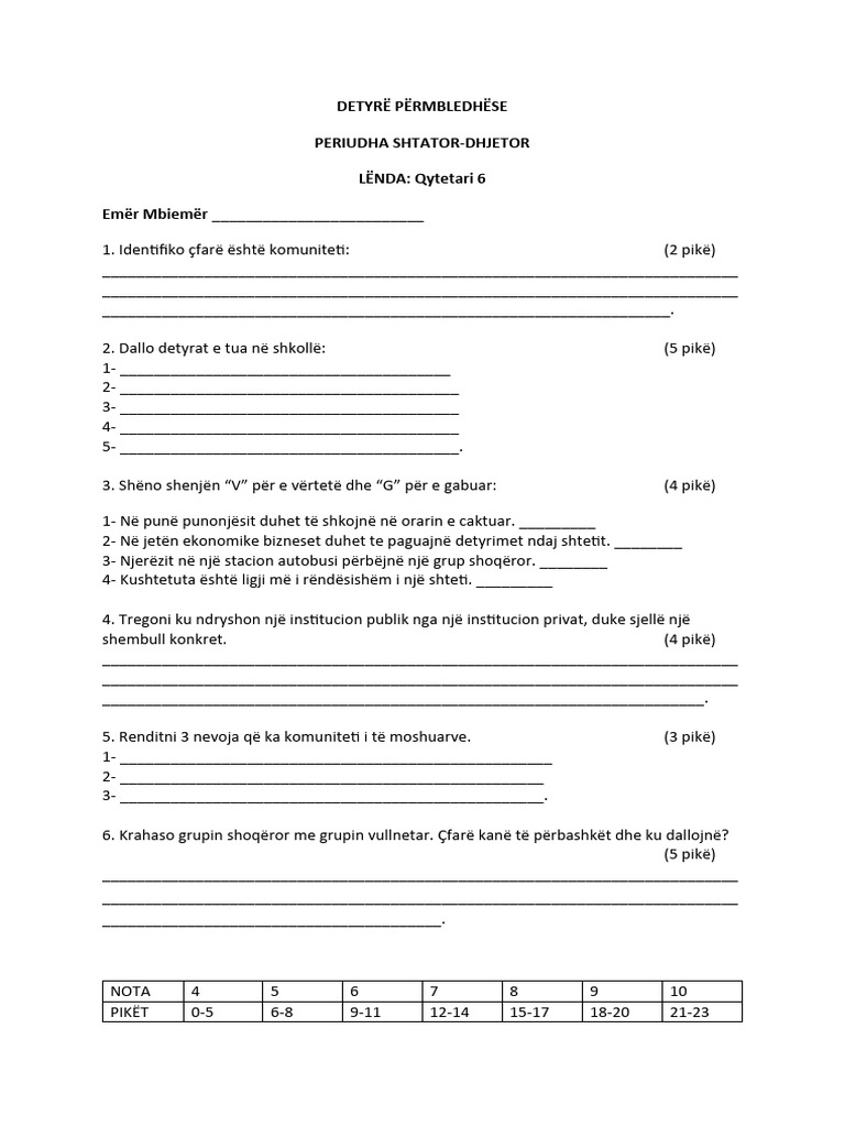 Qytetaria 6 - Detyre Permbledhese 2023-2024 | PDF