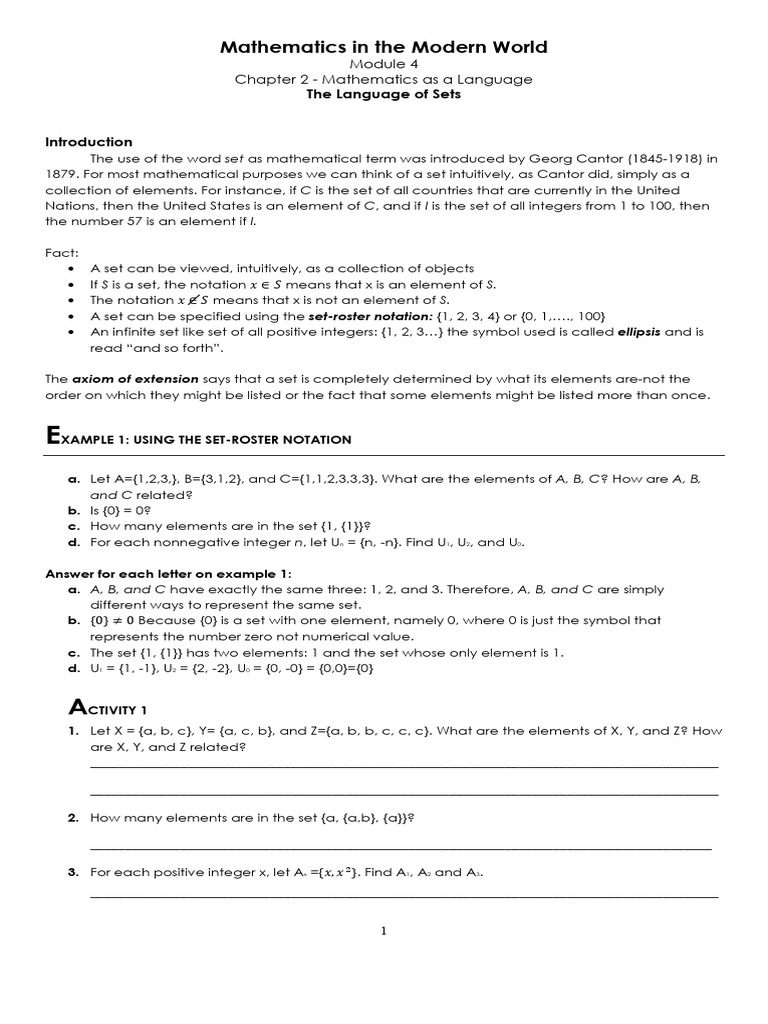 Lesson 4 - Language of Sets | PDF | Set (Mathematics) | Real Number