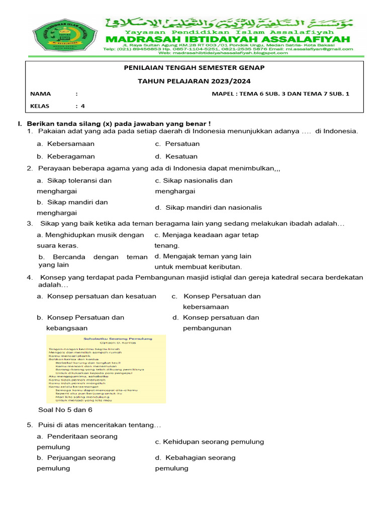 Soal PTS Kelas 4 Sem 2 Tema 6 Subtema 3 Tema 7 Subtema 1 - Kamimadrasah (1) | PDF