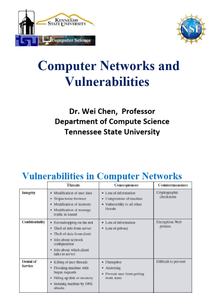 Computer Networks and Vulnerabilities: Dr. Wei Chen, Professor Department of Compute Science ...