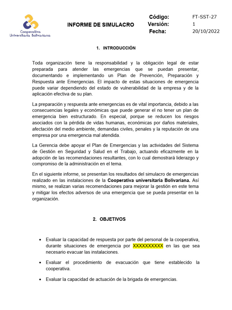 Informe de Simulacro de Emergencia año 2023 | PDF | La seguridad ...