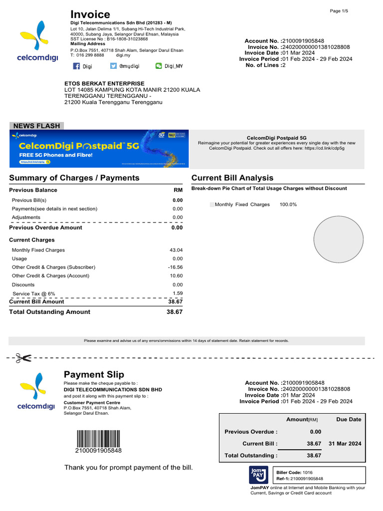 Payment Slip: Summary of Charges / Payments Current Bill Analysis | PDF ...