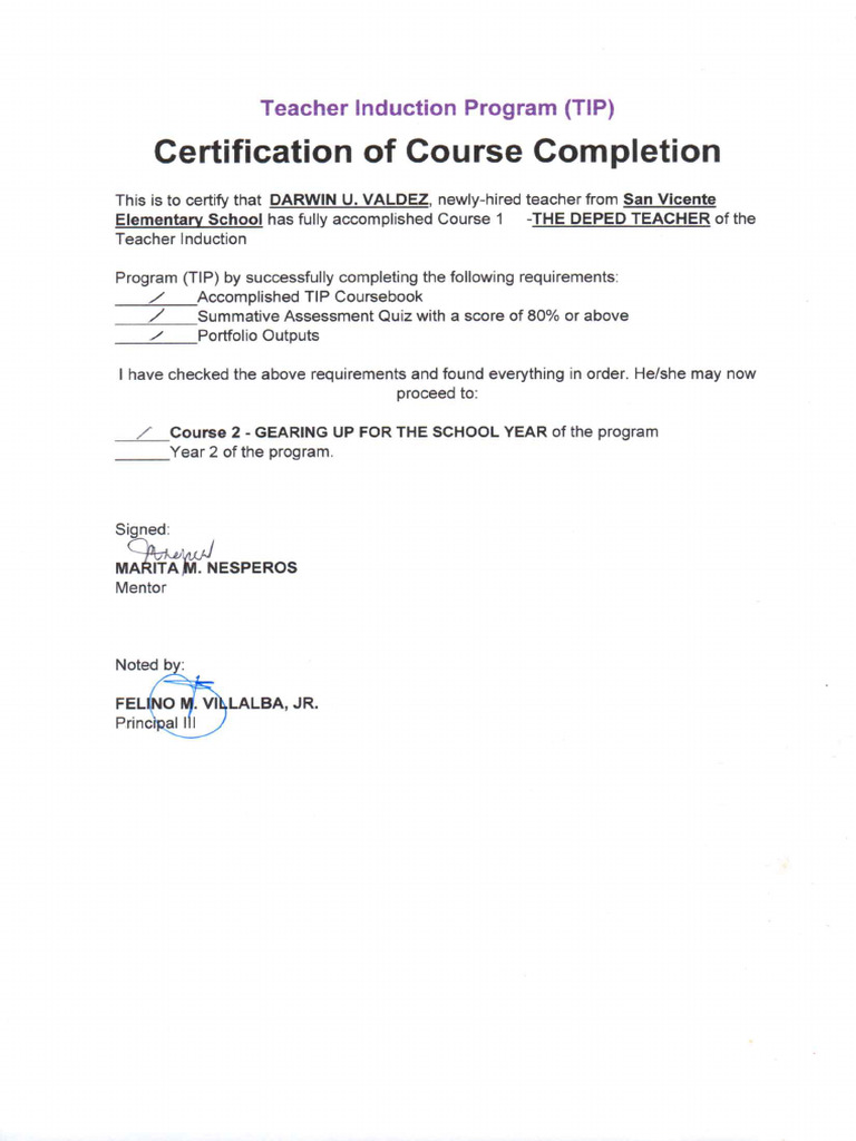 TIP_Course 1_Certificate of Completion | PDF
