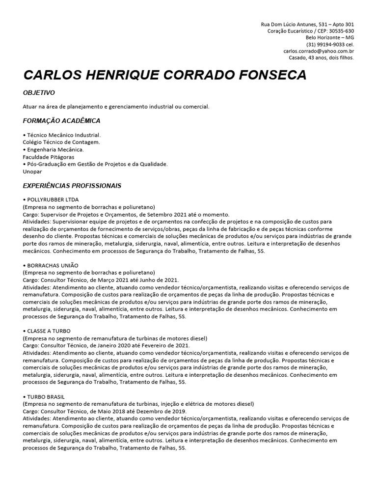 Currículo Carlos Fonseca - Consultor Técnico | PDF | Setor terciário da ...