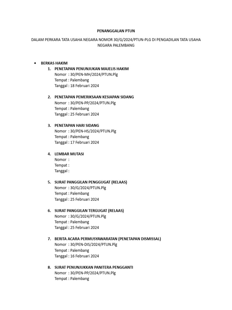 Penanggalan Perkara PTUN Palembang 2024 | PDF | Perjalanan