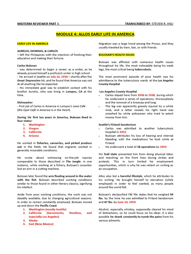 Hsu - Reviewer - Lesson 4 Bulosan | PDF