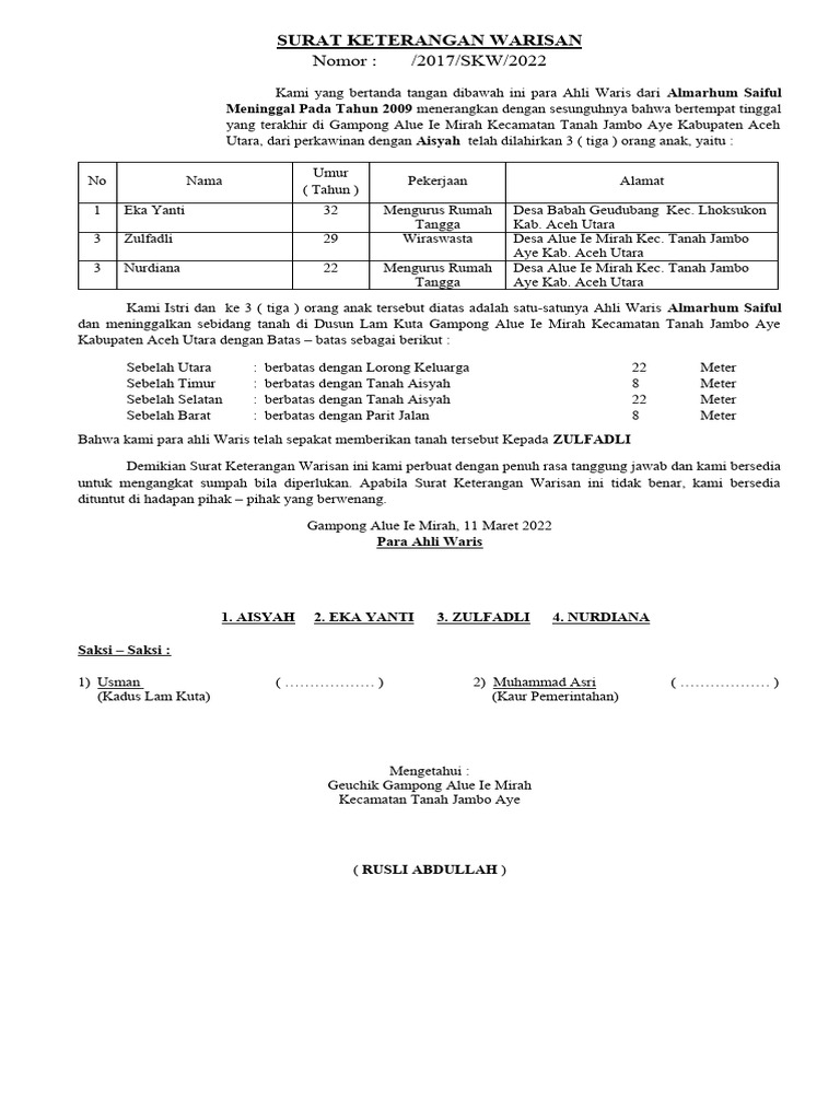Surat Keterangan Ahli Waris 2022 | PDF
