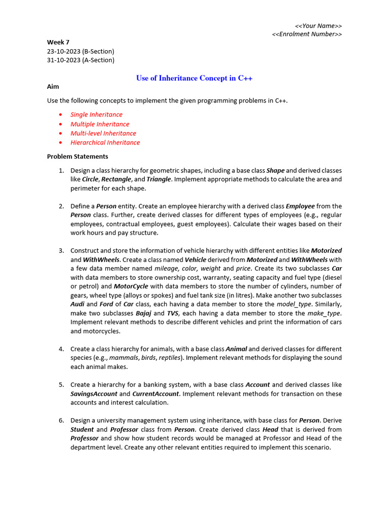 Week 7 - Use of Inheritance Concept in C | PDF | Inheritance (Object Oriented Programming ...