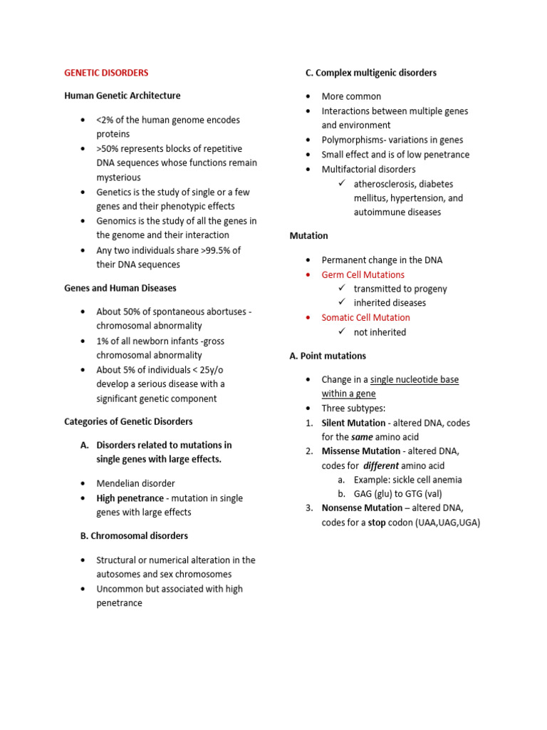 Genetic Disorders - Reviewer | PDF | Genetic Disorder | Biology
